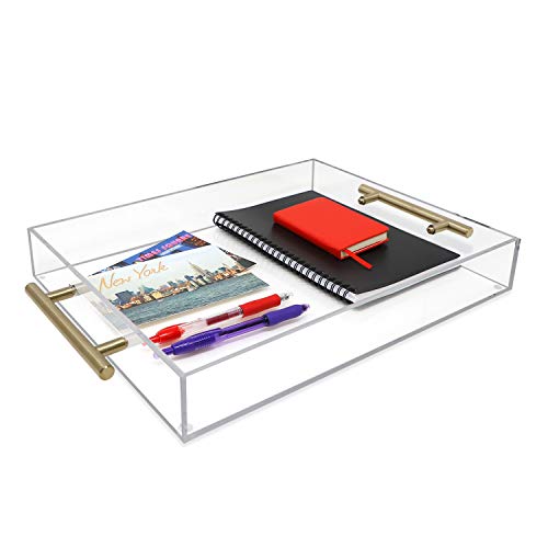 Isaac Jacobs Clear Acrylic Serving Tray (11x14) with Gold Metal Handles, Spill-Proof, Stackable Organizer, Food & Drinks Server, Indoors/Outdoors, Lucite Storage Décor (11x14, Clear with Gold Handle)