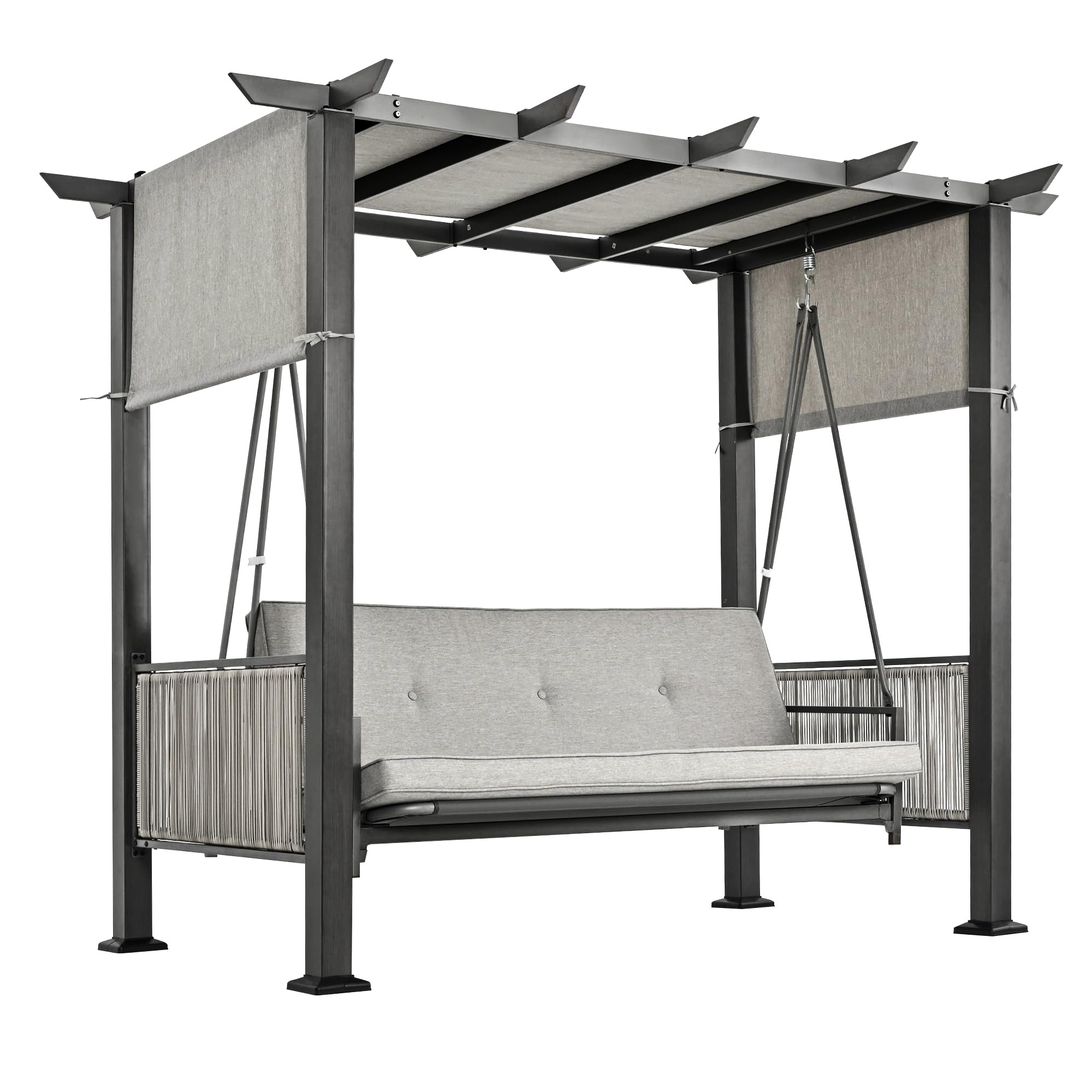 PAMAPIC 3-Seat Patio Swing Chair,Outdoor Patio Swing Bed with Adjustable Curtains,Porch Swing Bed for Balconies, Gardens and Poolside,Grey