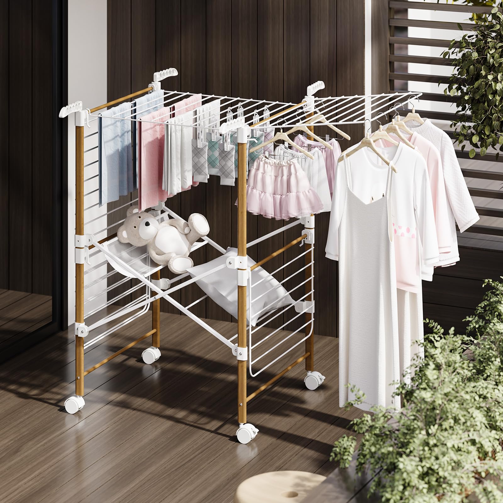APEXCHASER Collapsible Drying Racks for Laundry, Metal Drying Rack Clothing with Wheels, Foldable 4-Wings Drying Rack for Home, Balcony, Apartments, Wooden Look