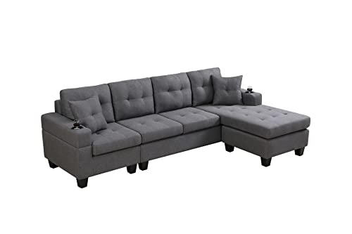 BIADNBZ Modern Sectional Sofa Set with Reversible Chaise Lounge,2 Pillows and Cup Holders,4-Seat L-Shaped Upholstered Couch for Living Room Office Apartment, Gray