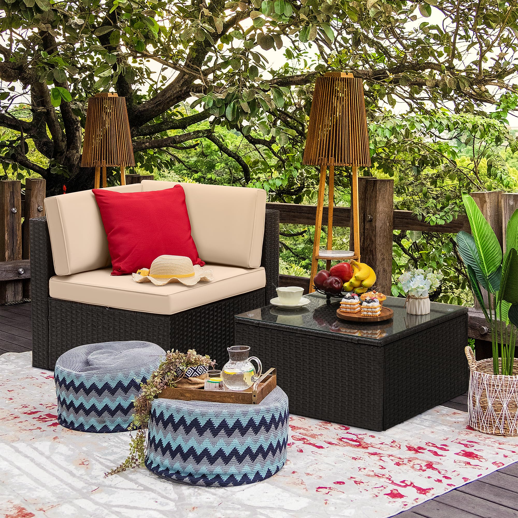 Devoko 2 Piece Patio Furniture Set, All Weather PE Rattan Outdoor Sofa Set Single Sofa with Table for Garden Lawn Poolside (2 Piece, Beige)