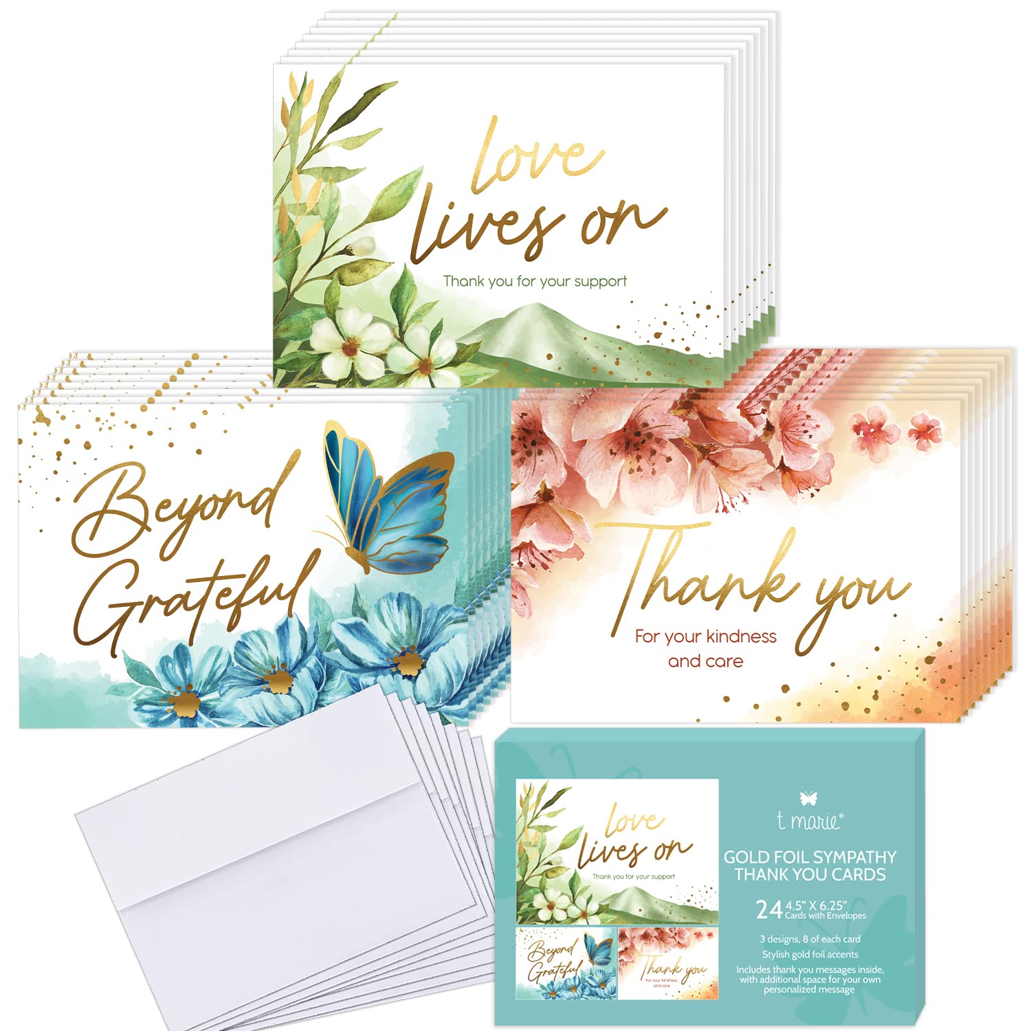 T MARIE 24 Gold Foil Funeral Thank You Cards With Message Inside - 4.5 x 6.25” Floral Bulk Sympathy Flower Thank You Cards with Words Inside - Bereavement Thank You Notes With Envelopes