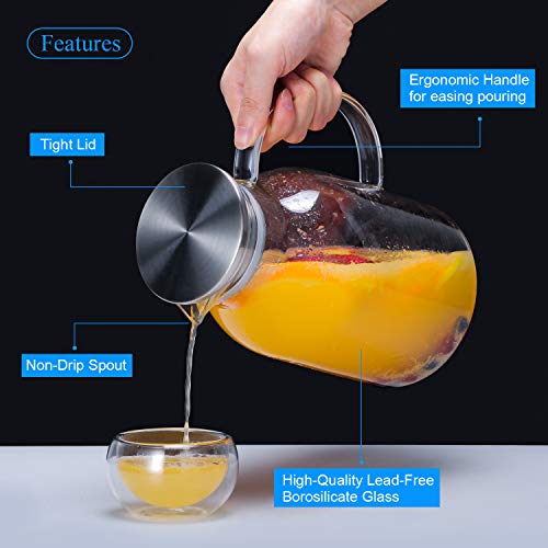 Vekonn Glass Pitcher with Lid, Glass Water Pitcher with Lid and Spout, 68 Ounces Heat Resistant Borosilicate Glass Carafe with Brush and Mixing Spoon, Temperature Safe