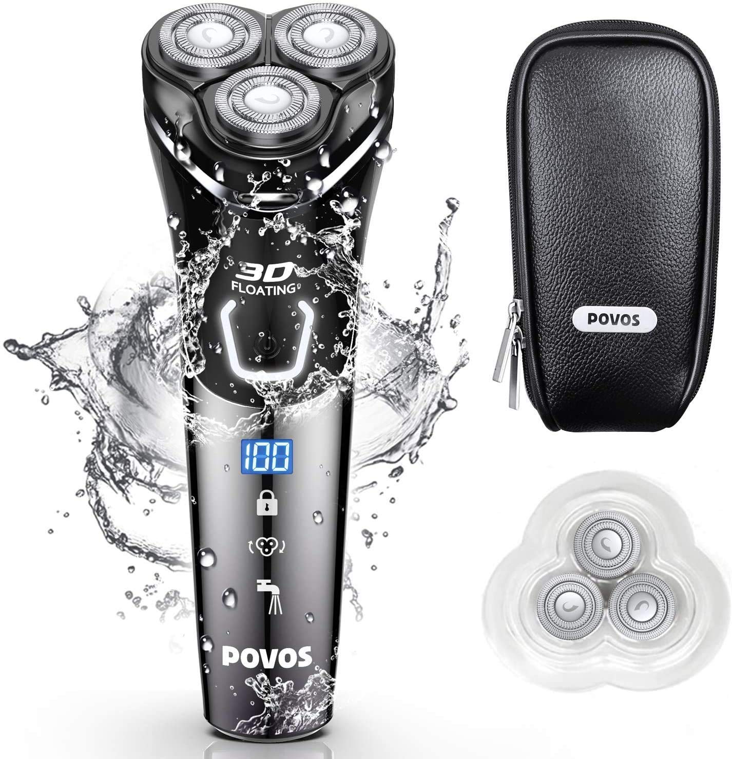 POVOS Electric Razor for Men, Quick Rechargeable Wet and Dry IPX7 Waterproof Electric Shaver,Men’s 3D Rotary Shaving Razor with Pop-up Beard Trimmer,LCD Display, Replacement Blades, and Travel Case