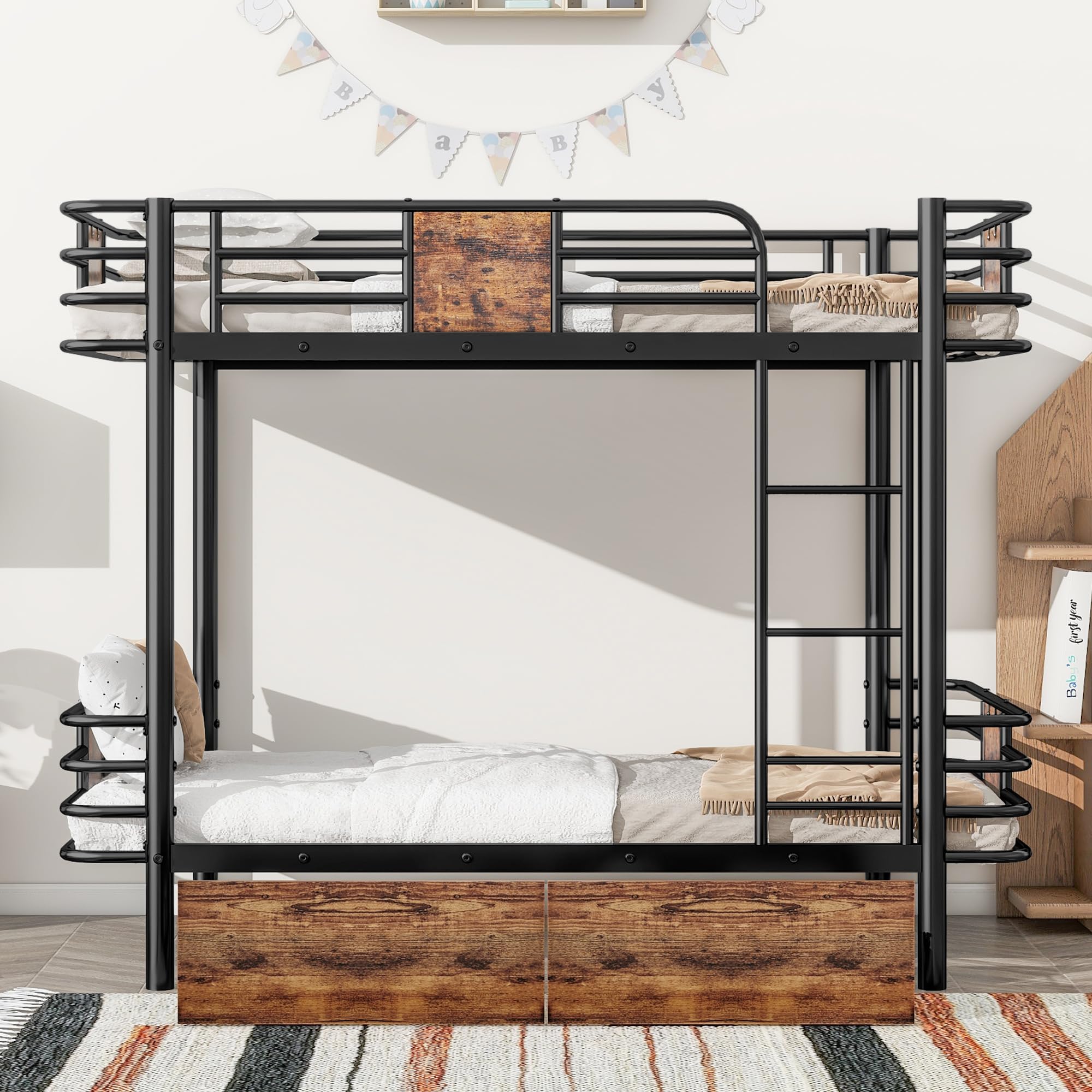 Bunk Bed Twin XL Over Twin XL, Metal Bunk Bed with Storage Drawers and MDF Board Guardrail, Modern Industrial Bunk Bed for Kids Boys Girls Teens, Black