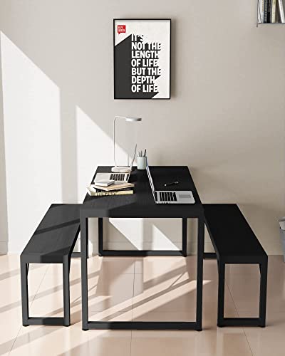 Bealife Dining Table Set for 4, Modern Kitchen Table Set with 2 Benches, 45.5in 3-Piece Soho Dining Room Table Set with Metal Frame and MDF Board, Sturdy Structure, Space-Saving Furniture (Black)