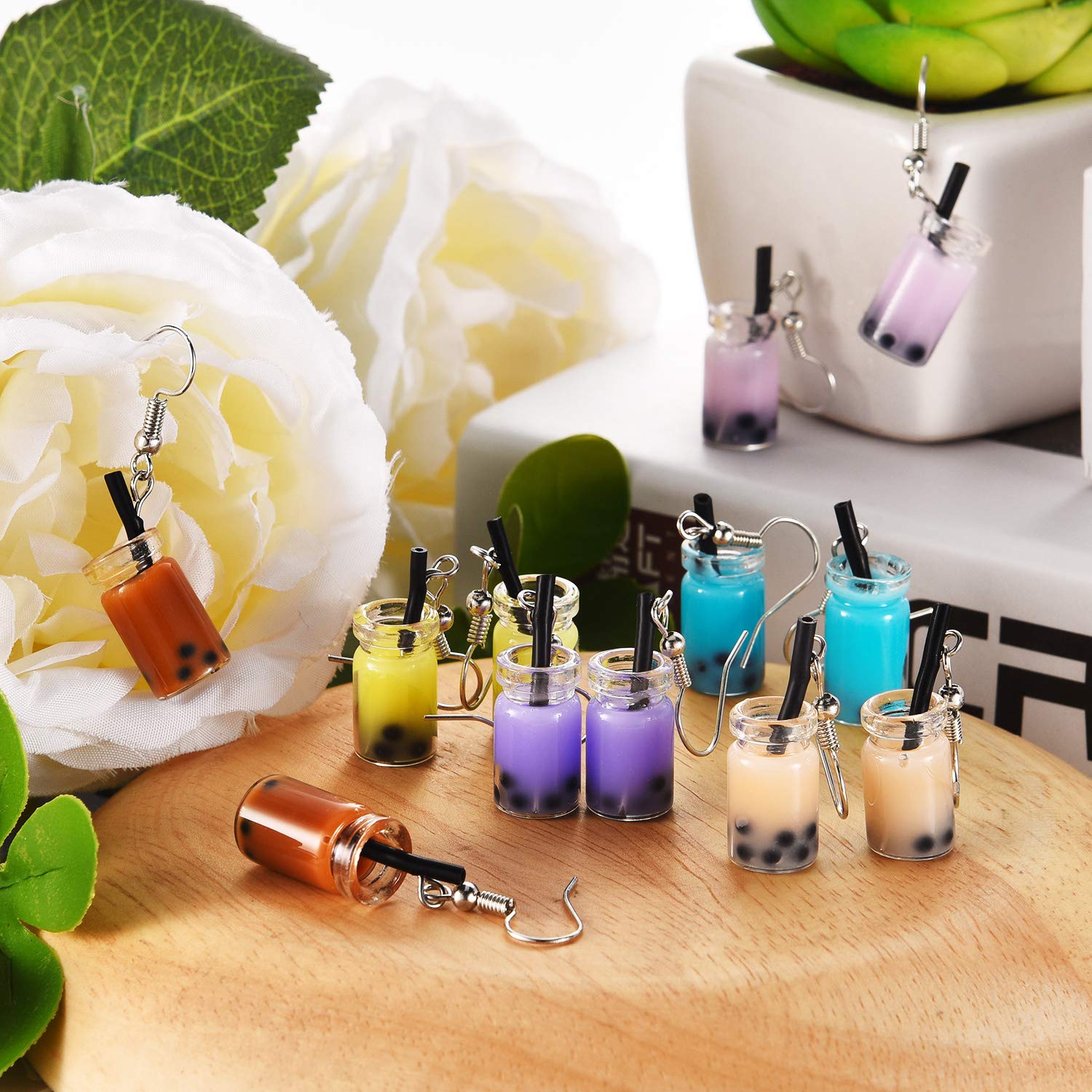 6 Pairs Cute Pearl Milk Bubble Tea Earrings Dangle Boba Drop Funny Earrings for Women Jewelry