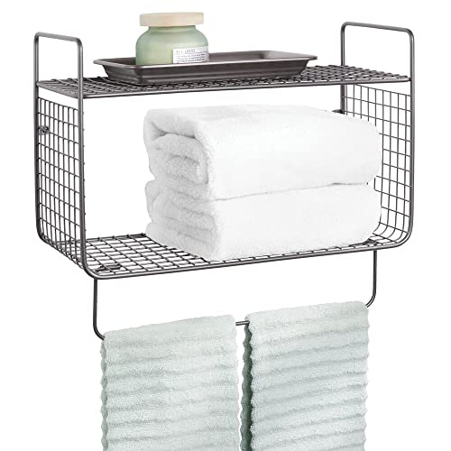 mDesign Steel Wall Mount Towel Rack Storage Organizer Shelf Holder with Towel Bar - for Bathroom, Laundry Room, Kitchen, Garage - Holds Hand Towels, Washcloth - Concerto Collection - Graphite Gray
