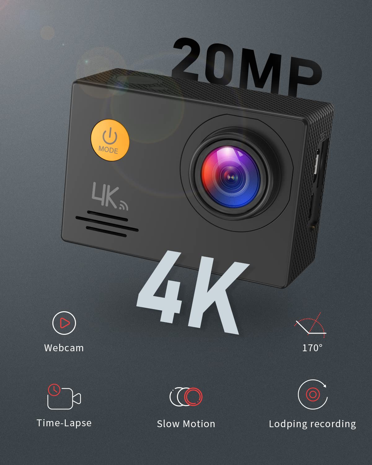 Action Camera, 4K/30FPS WiFi, 170° Wide Angle Lens EIS Waterproof Camera Underwater 40m, External Microphone Remote Control with 2 1050mAh Batteries and Accessories Mount Kit