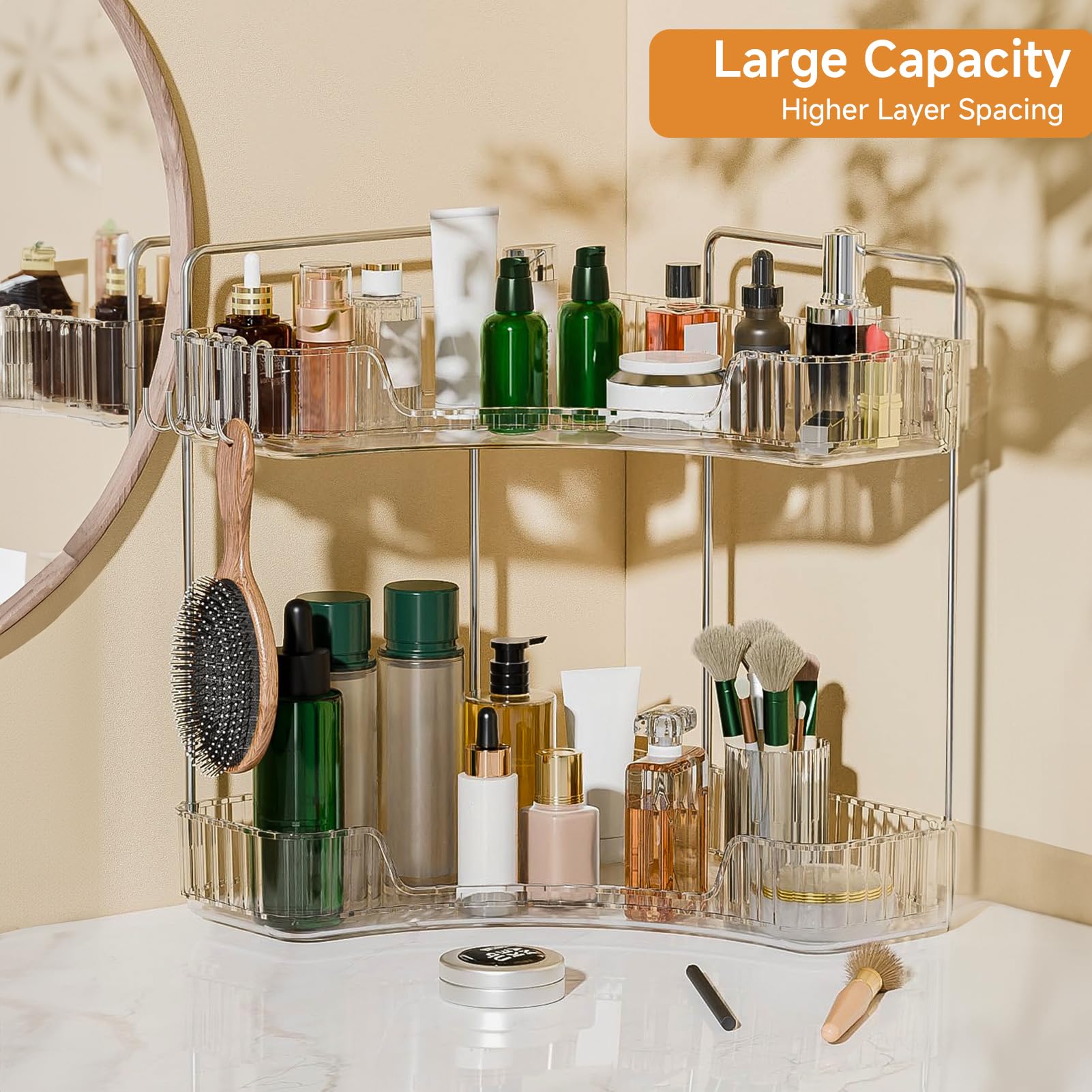 Kinkota 2 Tier Corner Bathroom Organizer Countertop, Plastic Bathroom Counter Organizer, Vanity Tray Sink Shelf with Hooks, for Makeup Storage (Clear)