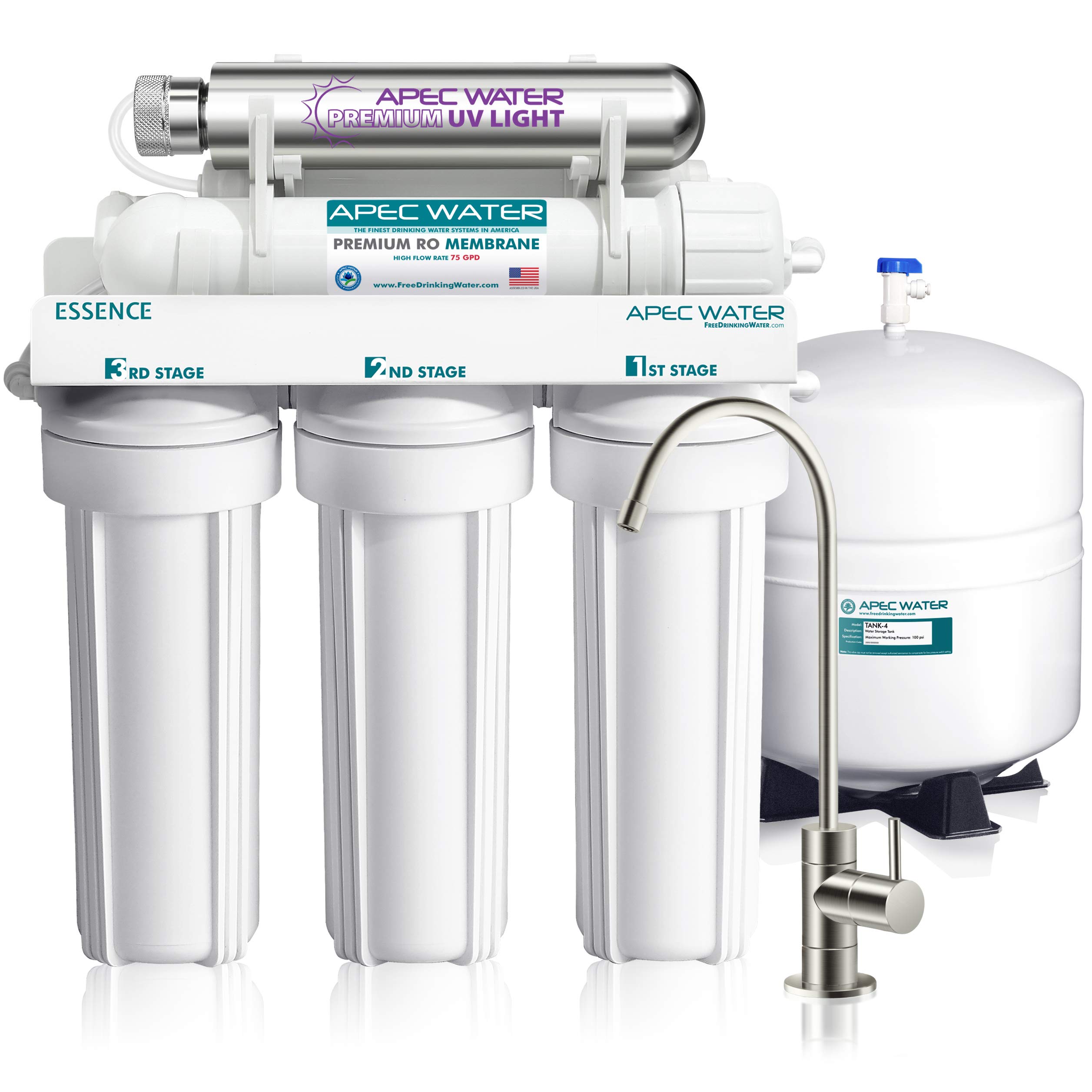 APEC Water Systems Essence ROES-UV75-SS Top Tier UV Violet Sterilizer 75 GPD 6-Stage Ultra Safe Reverse Osmosis Drinking Water Filter System, Stainless Steel UV Housing