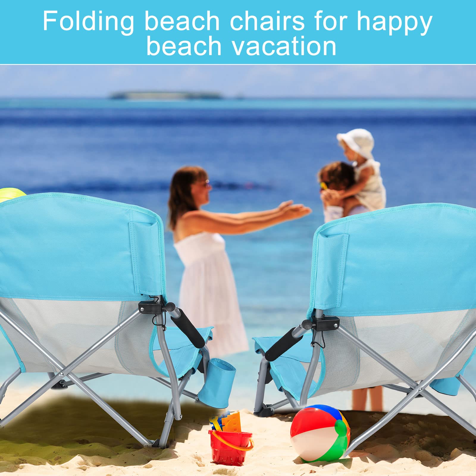4 Pcs Beach Chairs for Adults Folding Beach Chairs Low Seat Camping Stool Mesh Back Beach Portable Chair with Cup Holder Carry Bag for Outdoor Lawn Picnic Beach Camping (Blue)