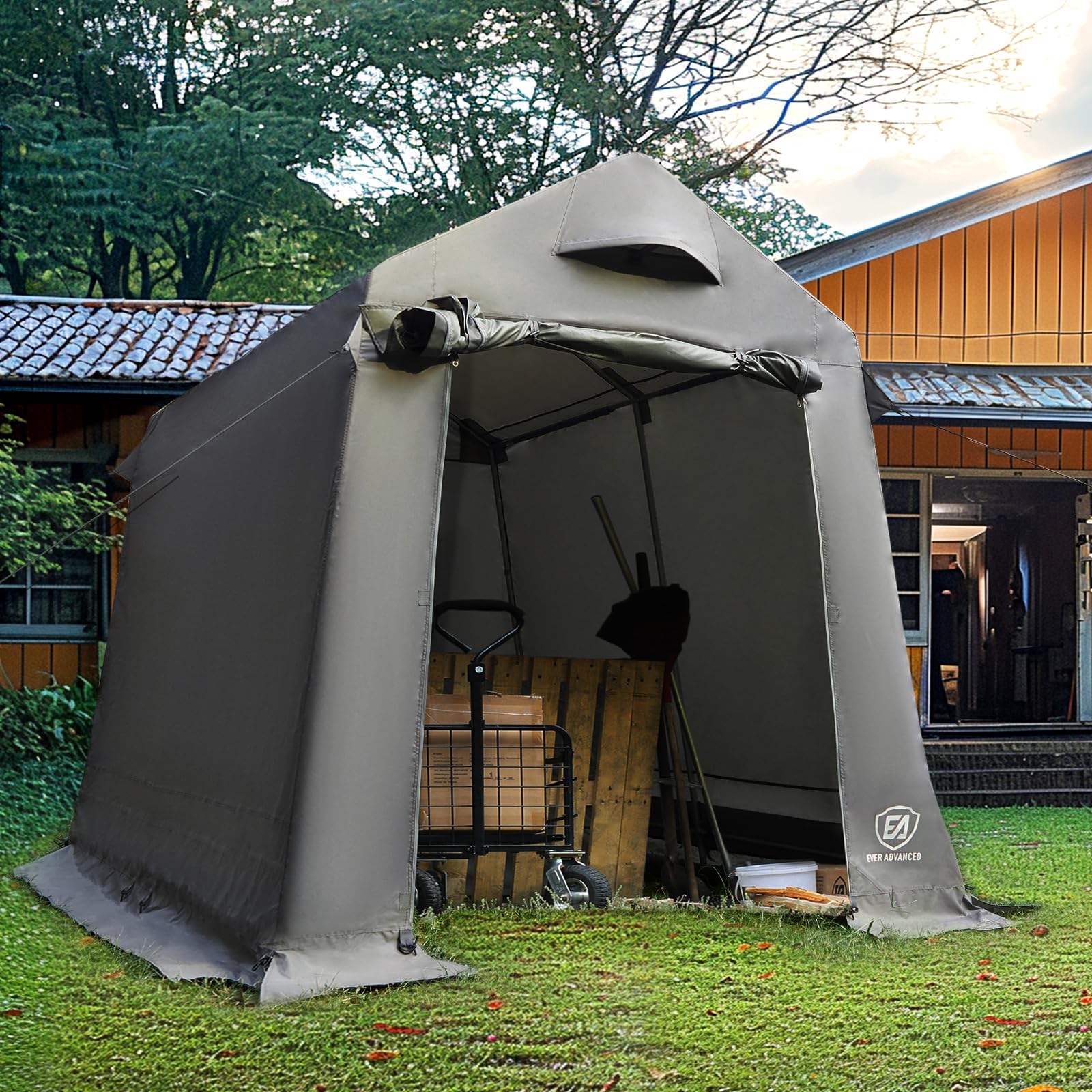 EVER ADVANCED Outdoor Storage Shelter with Vents Storage Tents for Outside Heavy Duty Storage Sheds for Motorcycle, Bike, Grey