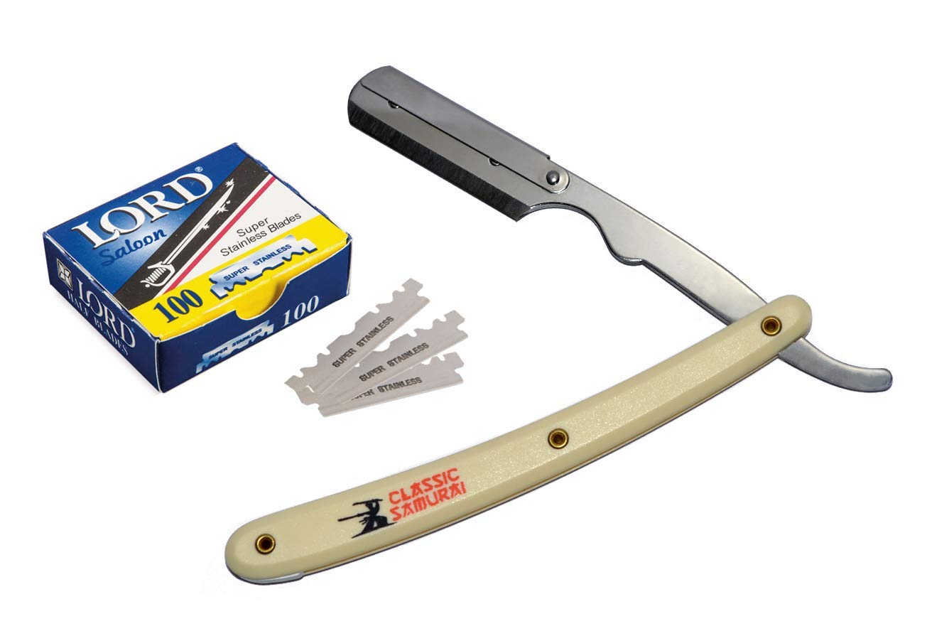 Classic Samurai Men's Shaving Set with Stainless Steel Professional Barber Straight Razor Shavette with Pure Badger Shaving Brush, Arko Stick Soap and Porcelain Mug