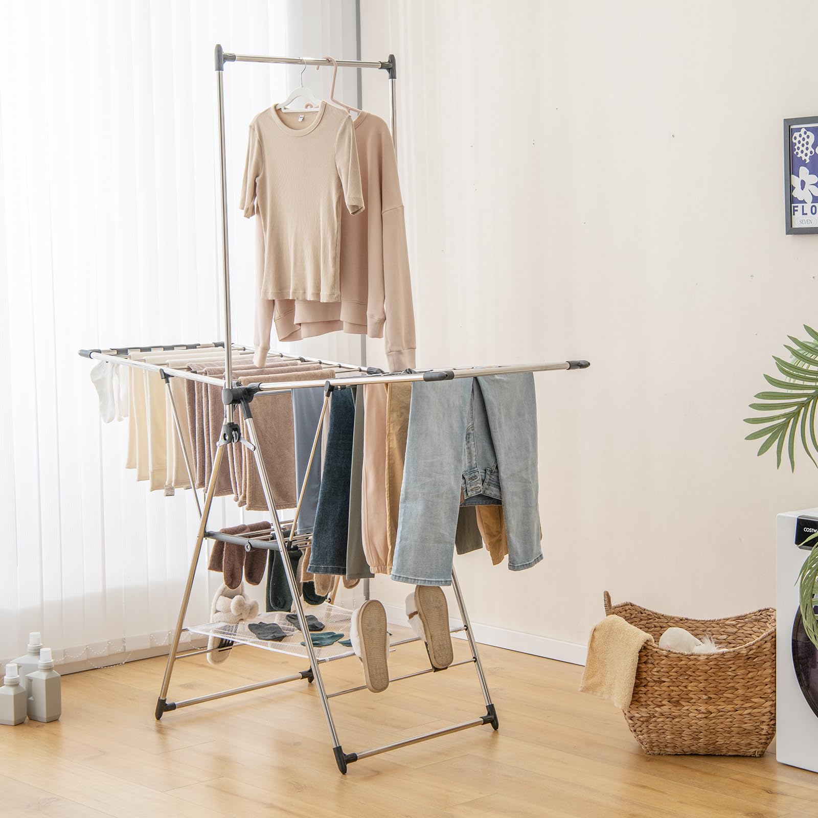 Tangkula 2-Layer Stainless Steel Drying Rack, Foldable Laundry Drying Rack w/ 1 Hanging Bar & 2 Height-Adjustable Wings, 23 Drying Rails, Netting Drying Rack, No Assembly Required