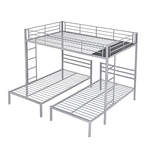 DEYOBED Full Over Twin & Twin Metal L-Shaped Triple Bed Bunk Bed with Built-in Shelf and 2 Ladders - Space-Saving and Organized Sleep Space for Kids, Teens, Adults