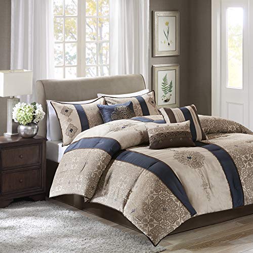 Madison Park Comforter Faux Silk-Traditional Luxurious Jacquard Design All Season Set, Matching Bed Skirt, Decorative Pillows, King(104"x92"), Navy 7 Piece