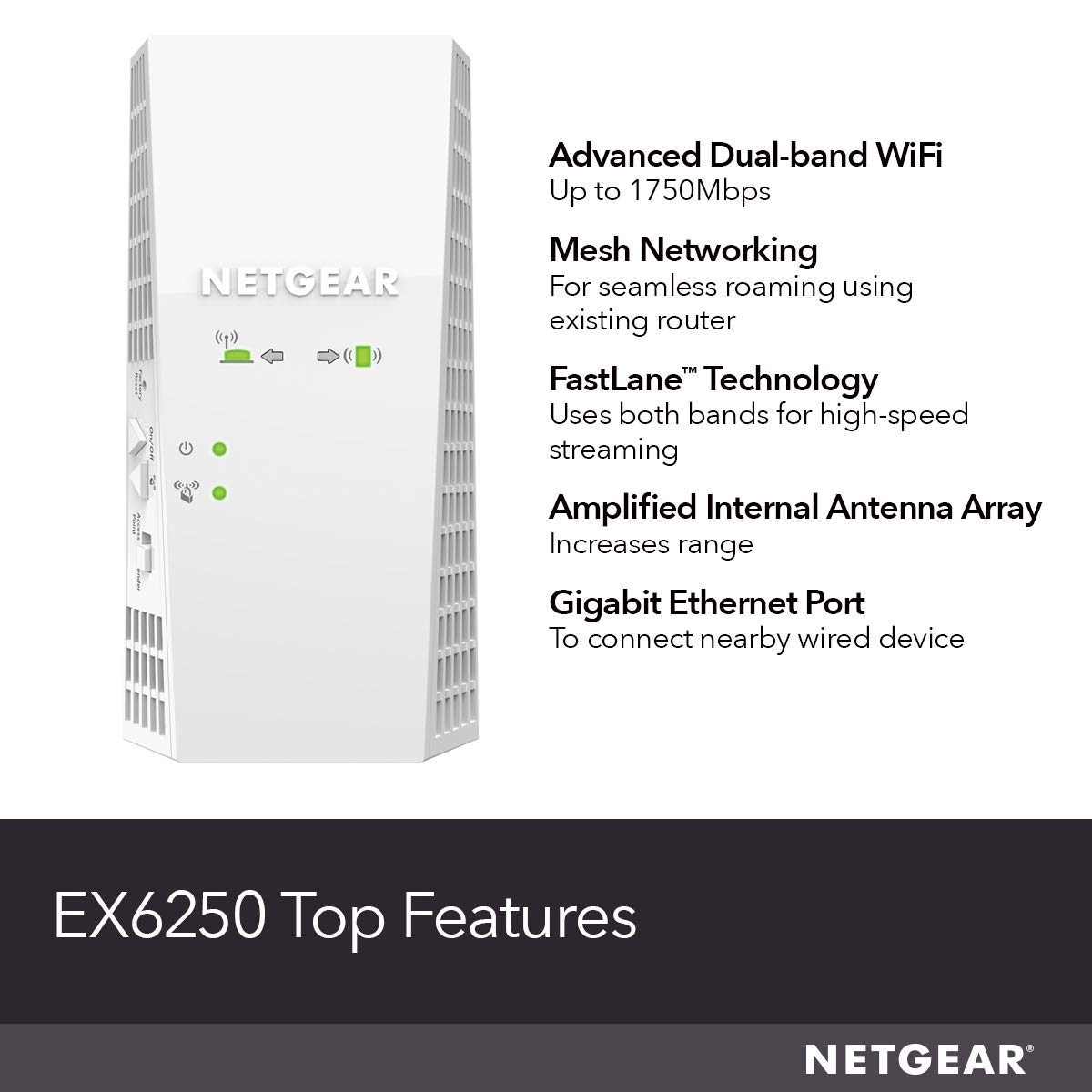 NETGEAR Wi-Fi Mesh Range Extender EX6250 - Coverage up to 2500 sq.ft. and 25 devices with AC1750 Dual Band Wireless Signal Booster & Repeater (up to 1750Mbps speed), plus Mesh Smart Roaming (Renewed)