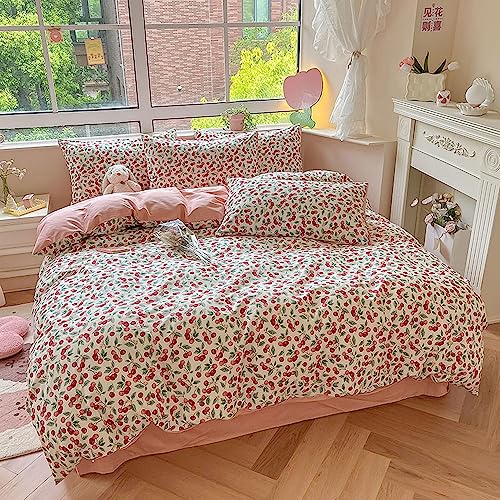 Cherry Duvet Cover Set, 100% Cotton Pure Cotton Printing,Home Standard Four-piece Bedding Set Decorative, Deep Pocket, Warm, Super Soft, Breathable Sheets with 2 Pillow Shams, Red ( Size : A2.0m4pcs )