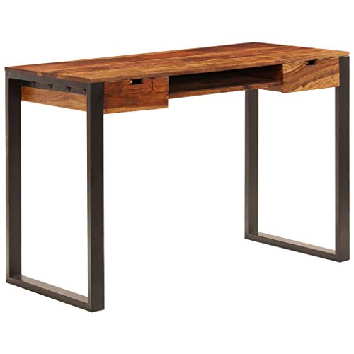 vidaXL Computer Desk with 2 Drawers,Writing Desk Study Table Office Desk Workstation Home Office Desk for Study Room, Bedroom, Living Room, Office Room,43.3"x21.7"x30.7" Solid Sheesham Wood and Steel