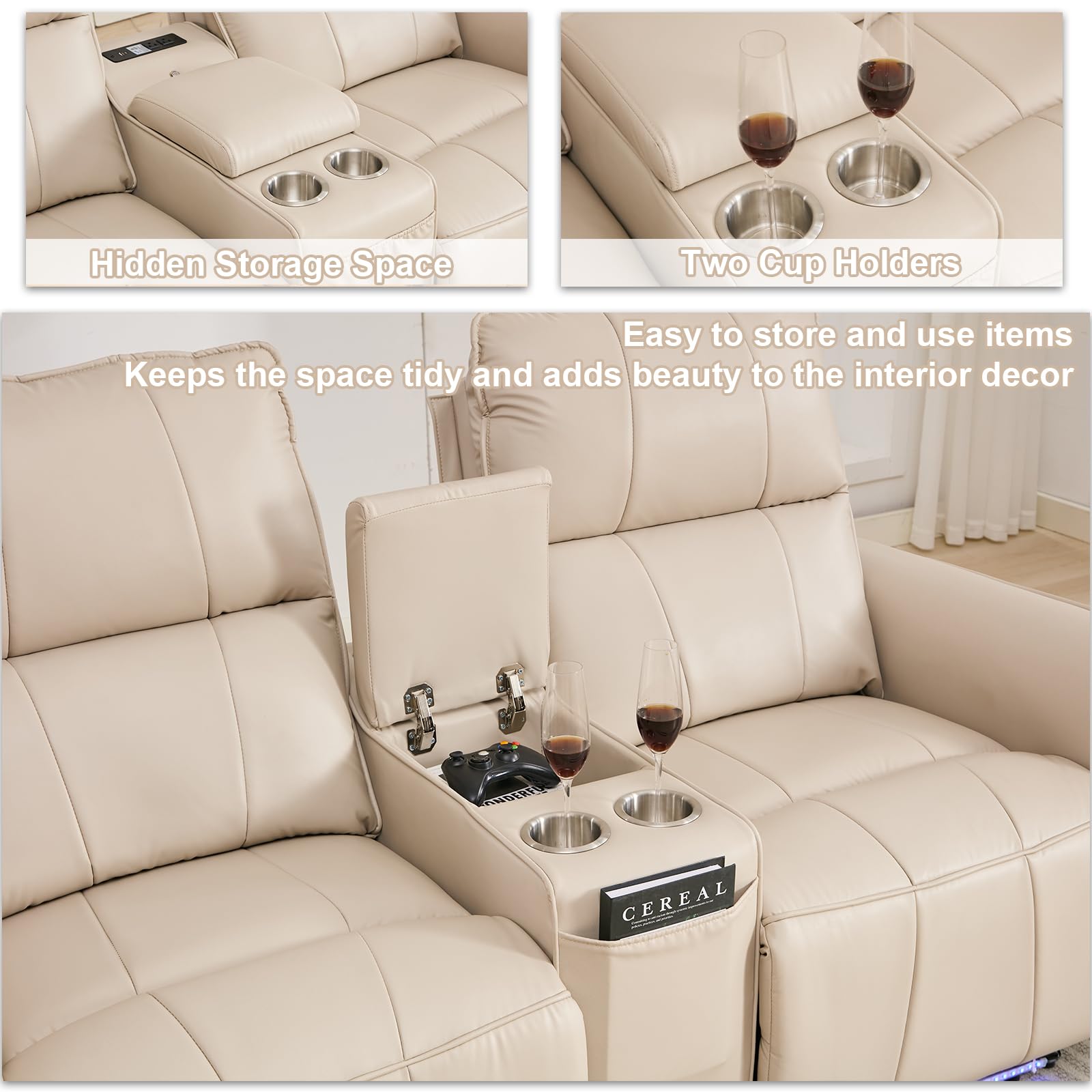 72" RV Loveseat Recliner Wall Hugger, Power Reclining Loveseat with Console, Double Recliner Loveseat Wall Hugger Loveseat Recliner with Power Strip/USB/Type C/Cup Holders/LED Light/Bluetooth Speaker