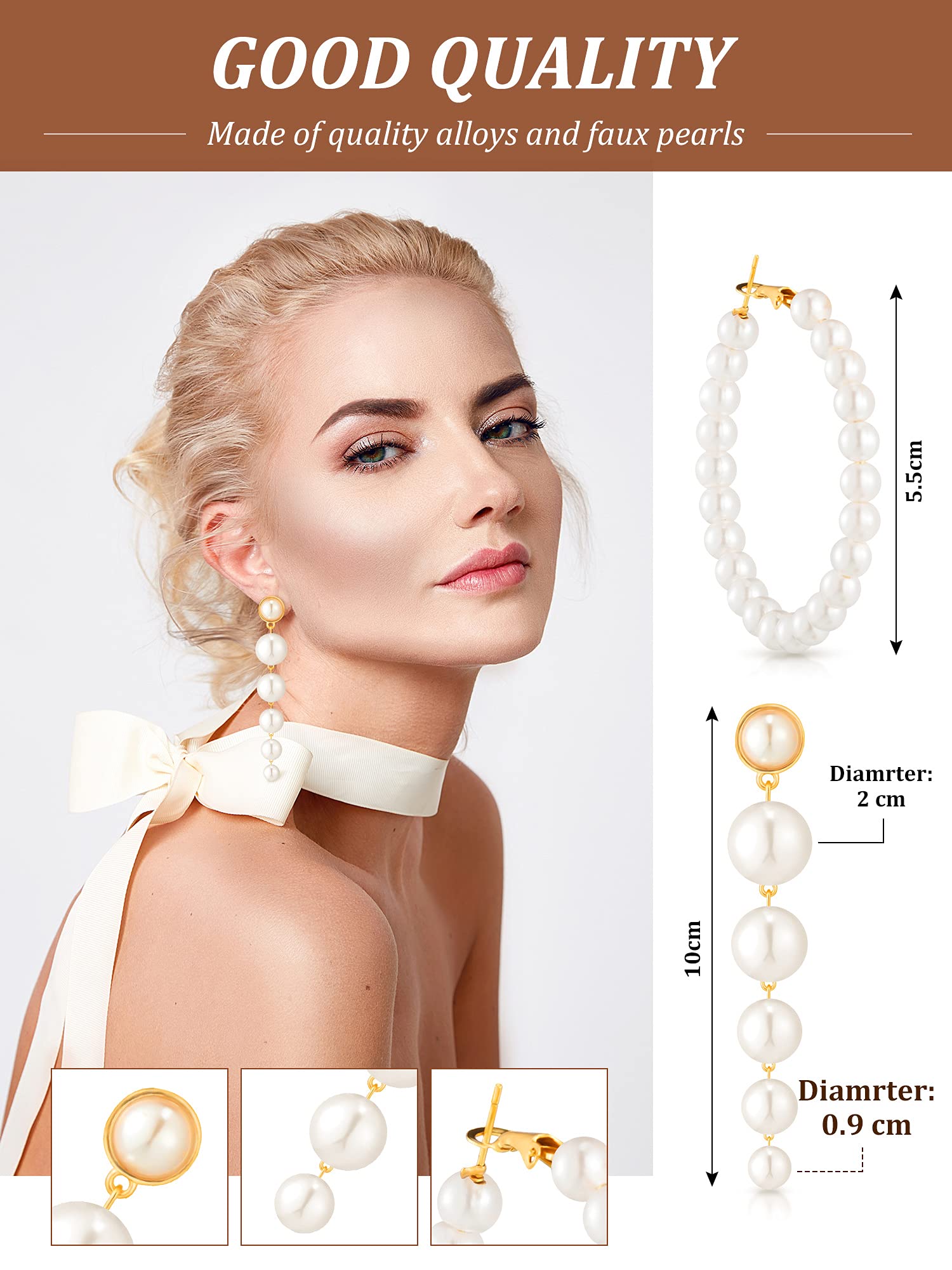 6 Pairs Rhinestone Rectangle Dangle Earrings Statement Geometric Drop Earrings Crystal Earrings Dangle Long Pearl Hoop Earrings for Women (Beautiful Style)