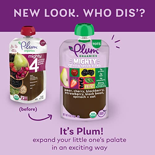 Plum Organics Mighty 4 Blends Pear, Cherry, Blackberry, Strawberry, Black Bean, Spinach & Oat, 4 Oz