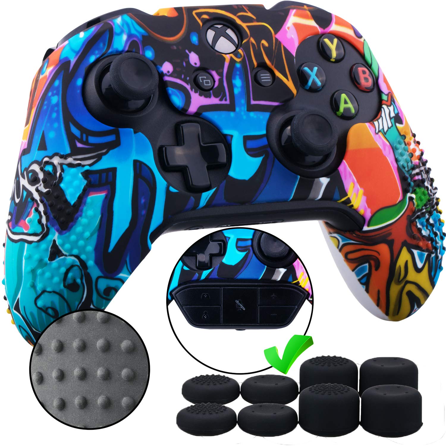 9CDeer Studded Protective Customize Transfer Printing Silicone Cover Skin Sleeve Case + 8 Thumb Grips Analog Caps for Xbox One/S/X Controller Graffiti Compatible with Official Stereo Headset