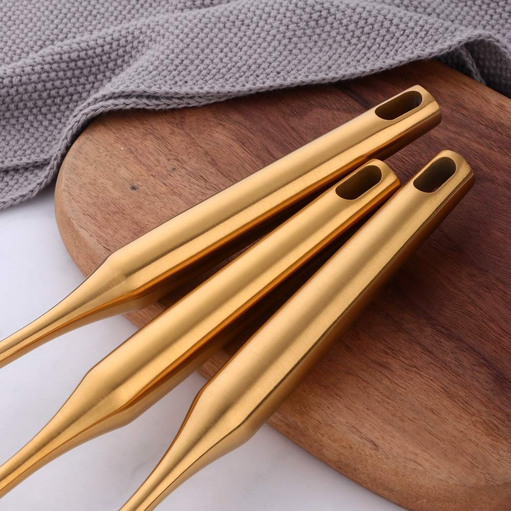 7 Pcs Round Handle Cooking Utensil Set, 304 Stainless Steel Gold Titanium Plated Cookware Sets with Public Fork/Spoon, Potato Mashers, Slotted Spatula, Soup Ladle, Pasta Server, Kitchen Tool Gadget