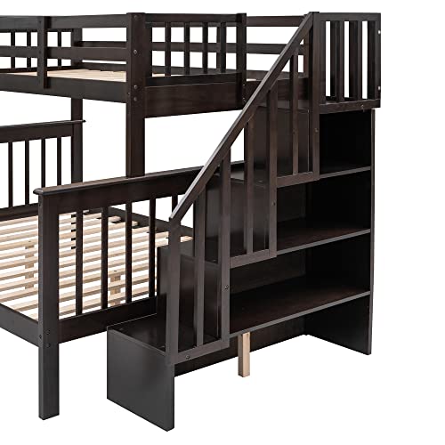 DEYOBED Twin Over Full Wooden Bunk Bed with Storage Stairway for Kids Teens Adults