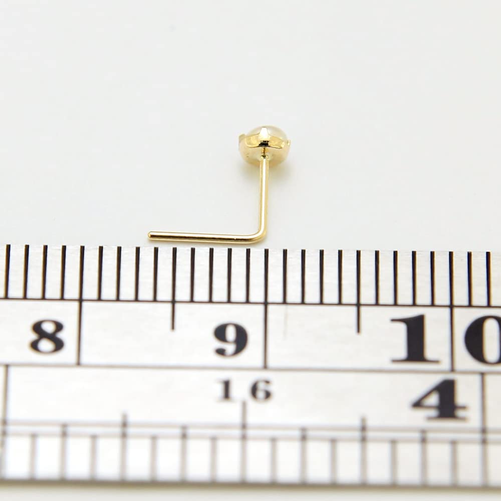 9K Solid Yellow Gold Claw Set 2MM Natural Pearl 22 Gauge L Bend Nose Stud Piercing Jewelry