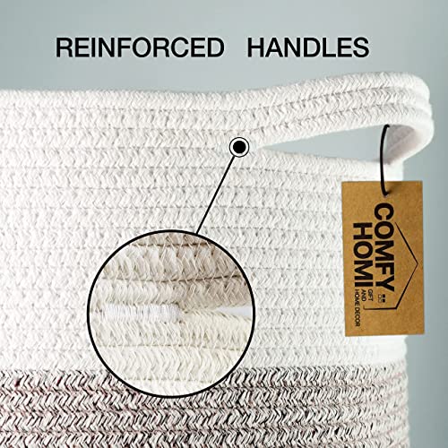 COMFY-HOMI 13.5"x11"x 9.5" Square Cotton Rope Woven Basket with Handle Laundry Storage Bin (Set of 2) - Brown and Dark Grey