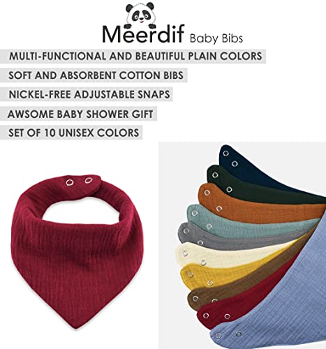 Meerdif Muslin Baby Bibs 10 Pack Baby Bandana Drool Bibs for Unisex Boys Girls, 100% Cotton 10 Solid Colors Set for Teething and Drooling