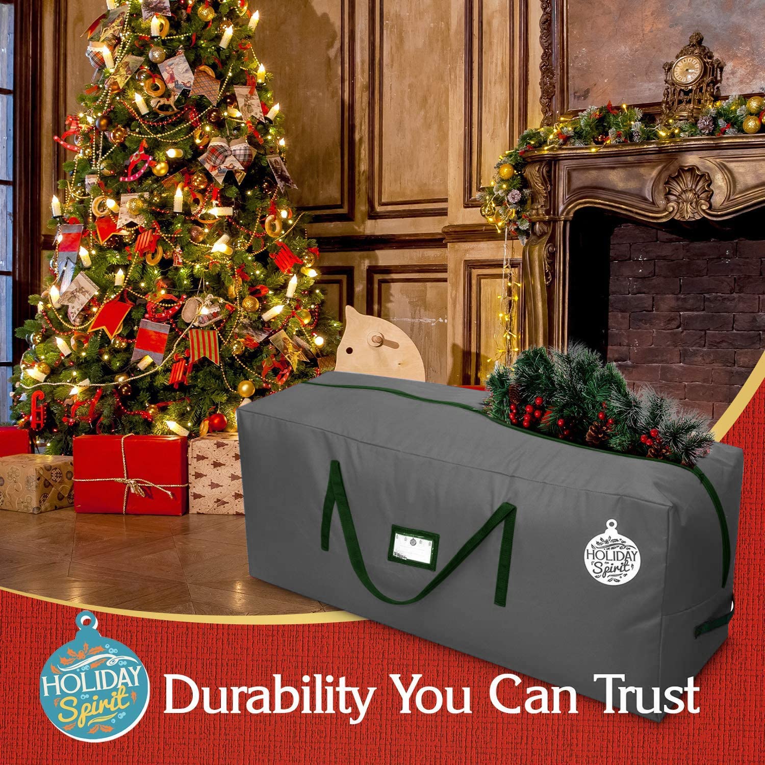 HOLIDAY SPIRIT Christmas Tree Storage Bag - Heavy-Duty Christmas Tree Bag with Durable Reinforced Handles and Zipper, Waterproof Storage Bag Protects from Moisture and Dust (Fits a 7.5FT Tree)