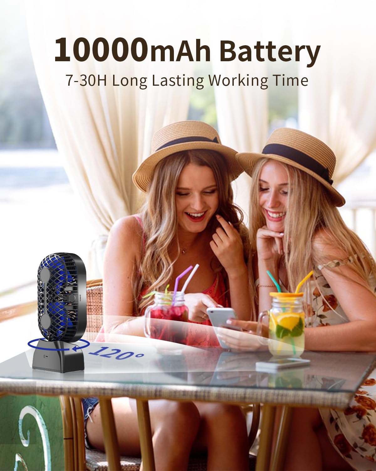 AaoLin Desk Tower Fan, 10000mAh Rechargeable Oscillating, Max Last 30Hrs, 11'' Portable Table Fan, 120° Oscillation for Powerful Circulation, Stepless Speed, Quiet for Home Bedroom Office Outdoor