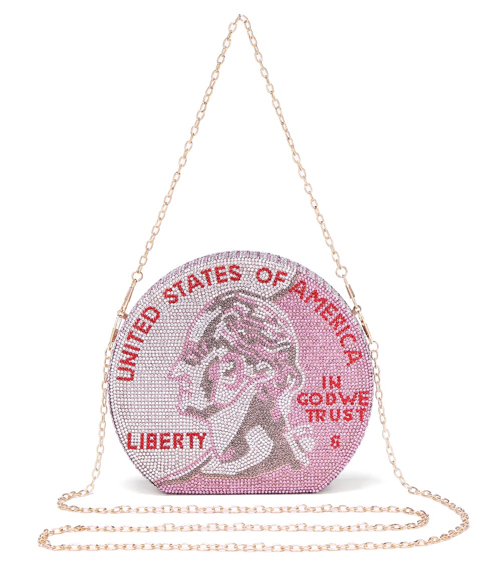 Covelin Women's Dollar Coin Handbag Rhinestone Purse Evening Clutch Bag Pink