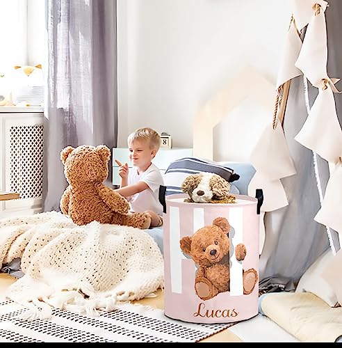 Meet Pink Teddy Bear Personalized Freestanding Laundry Basket Clothes Hamper Waterproof,Custom Laundry Collapsible Storage Bins Toys Baskets with Handle for Bedroom Bathroom
