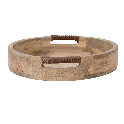 Creative Co-Op Mango Wood Tray with Leather Wrapped Handles, Natural Serveware, 16" L x 16" W x 3" H