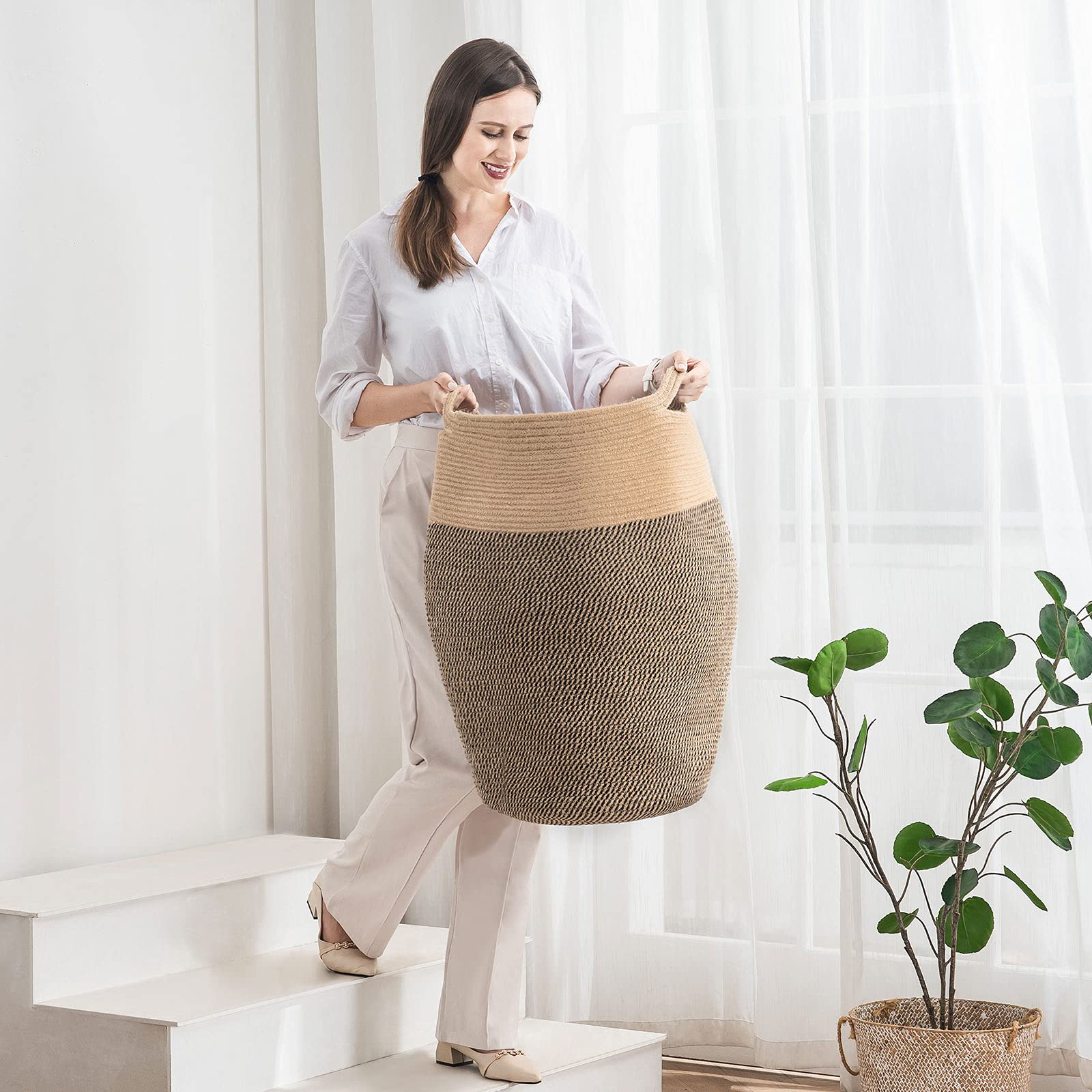 Cotton Rope Laundry Hamper by YOUDENOVA, 105L - Woven Collapsible Laundry Basket - Clothes Storage Basket for Blankets, Laundry Room Organizing, Bedroom Storage, Clothes Hamper β Dark Brown