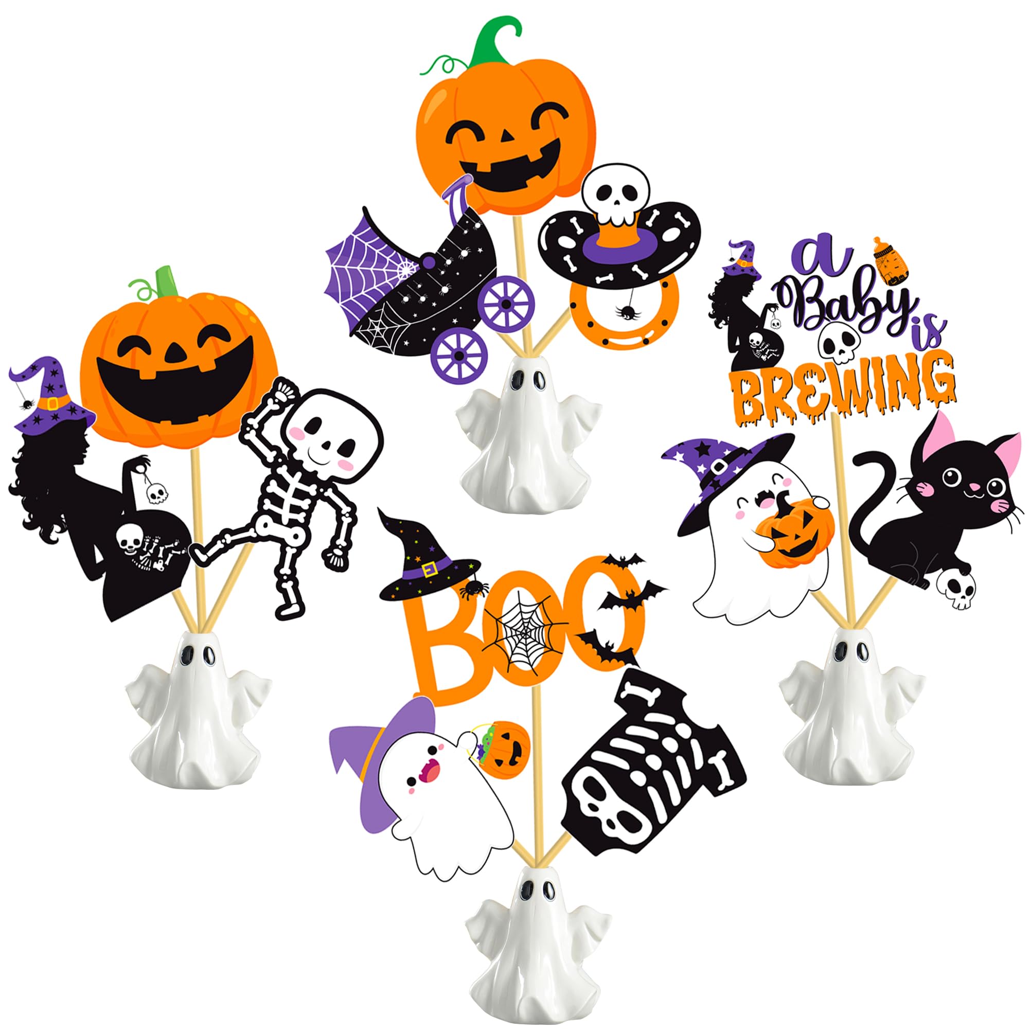 A Baby is Brewing Halloween Centerpiece Sticks 17Pcs Halloween Baby Shower Decorations Baby Brewing Little Boo Party Table Topper Decorations for Halloween Pregnancy Gender Reveal Party Supplies