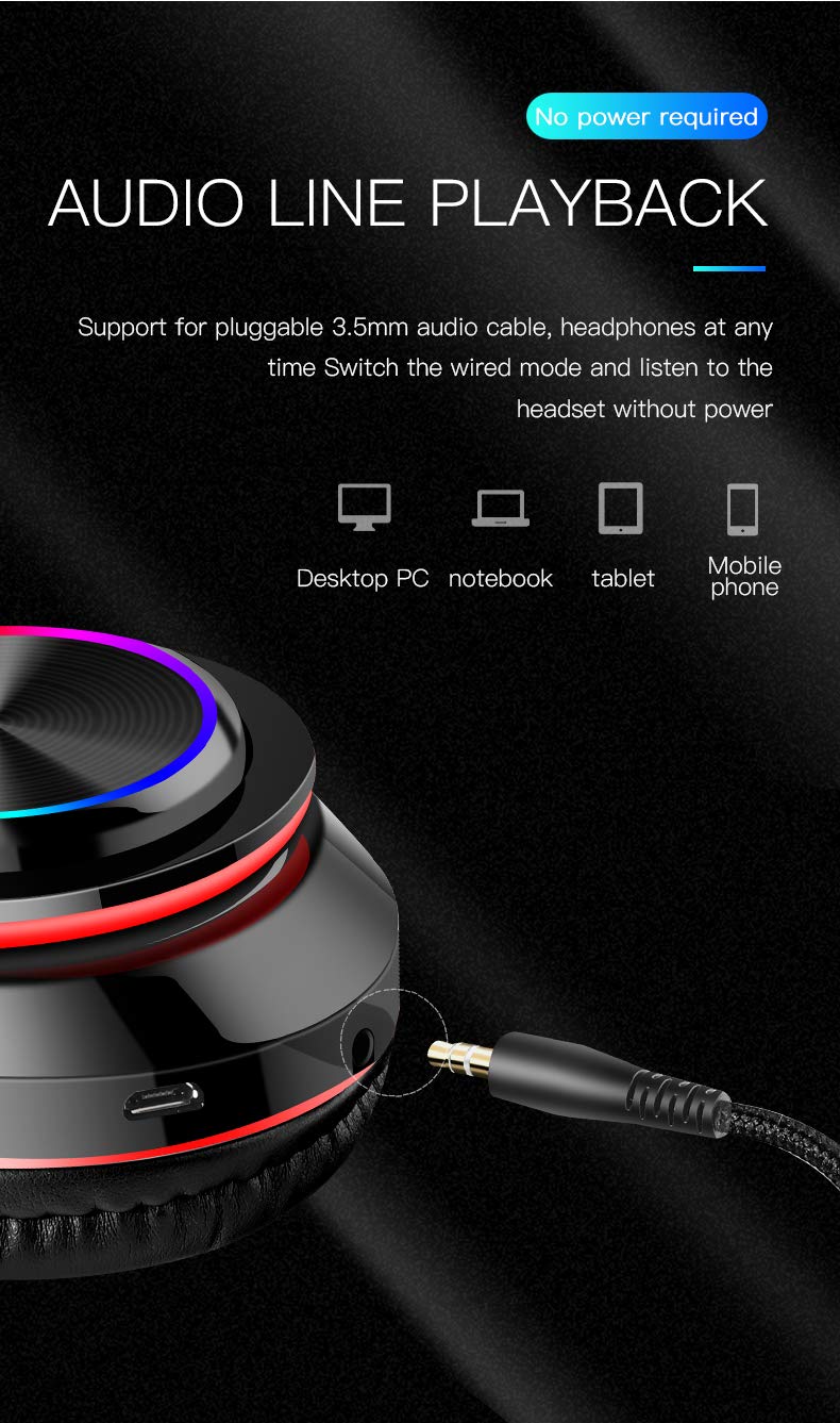 Amazing 7 LED Bluetooth Headphones with 8Hours Playtime, Wireless Headsets Over Ear, Hi-Fi Stereo, Multi-Colored Breathing Led, Built-in Mic, Snug Fit Earphones for Game Video DJ (Red Black)