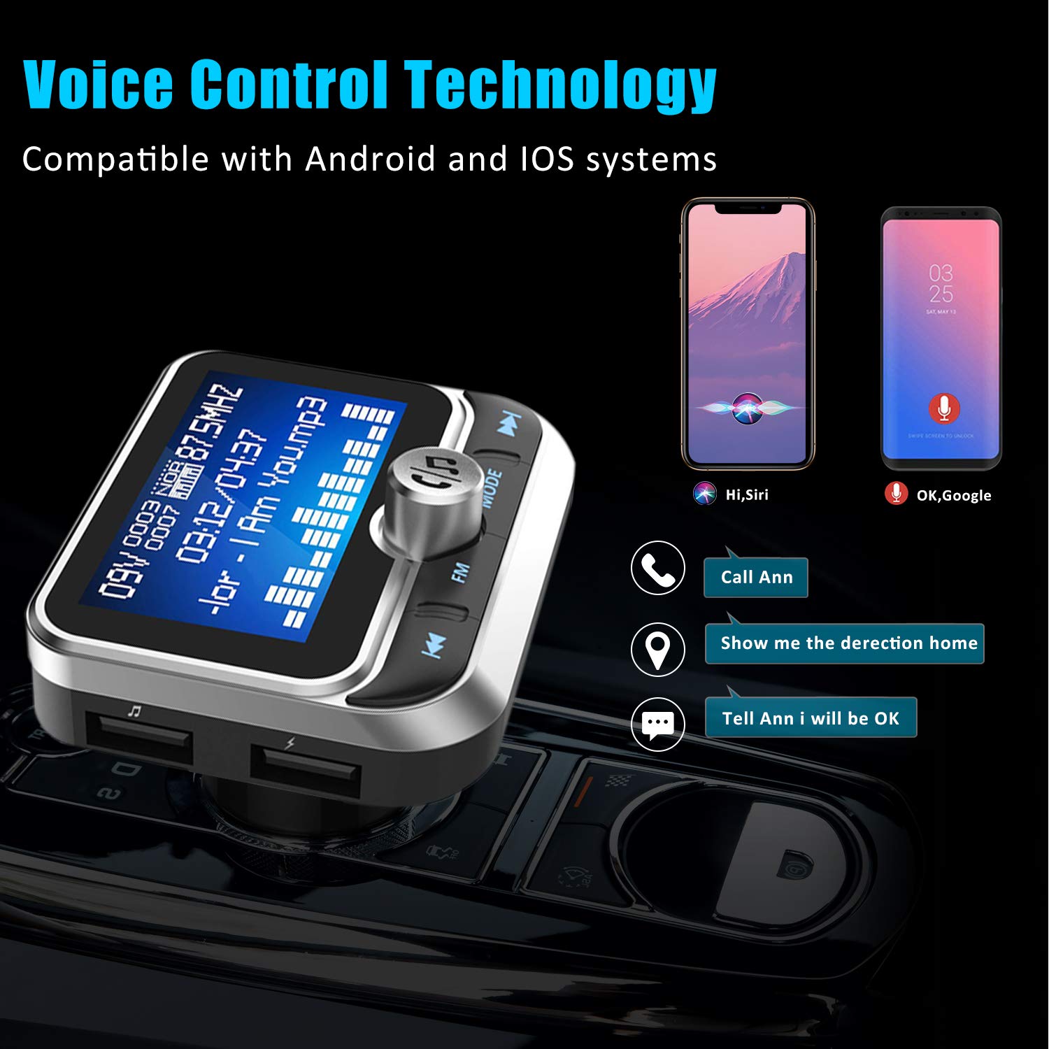 ToHayie Bluetooth FM Transmitter for Car, Transmitter Bluetooth Car Wireless Radio Adapter Hands-Free Car Kit with 1.8 inch Display, Dual USB Car Charger, AUX Input/Output, TF Card Mp3 Player, Silver
