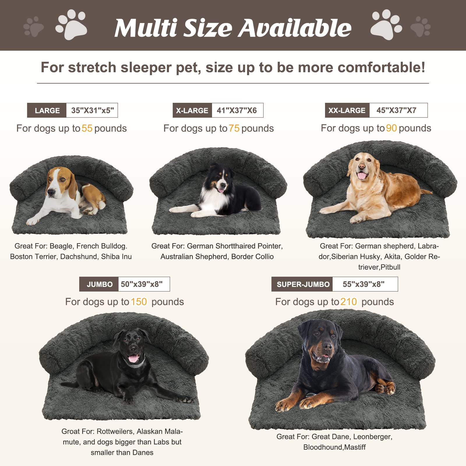 Syalife Shaggy Plush Calming Dog Couch Bed Pet Protector, Fluffy Waterproof Lining and Nonskid Bottom, Dog Mat for Furniture Protector with Washable Cover(55"x43"x8", Light Gray)