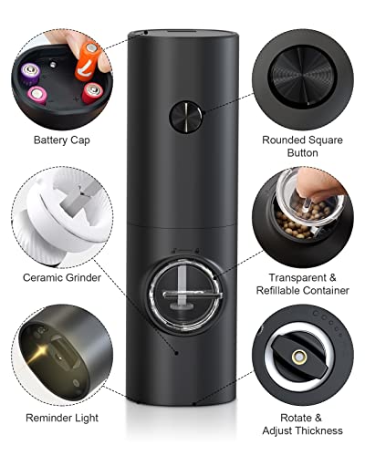 COKUNST Electric Pepper and Salt Grinder Set, Battery Powered Adjustable 5 Levels of Coarseness Black Pepper Grinder Mill with Stand, Automatic Grinding with LED Light for BBQ Resturant Kitchen
