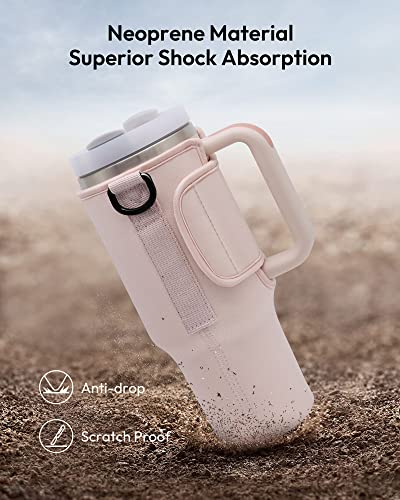 BILTRTE Water Bottle Carrier Bag Compatible with Stanley 40oz Tumbler with Handle, Water Bottle Holder with Adjustable Shoulder Strap for Hiking Travelling Camping (Rose Quartz, 40oz)