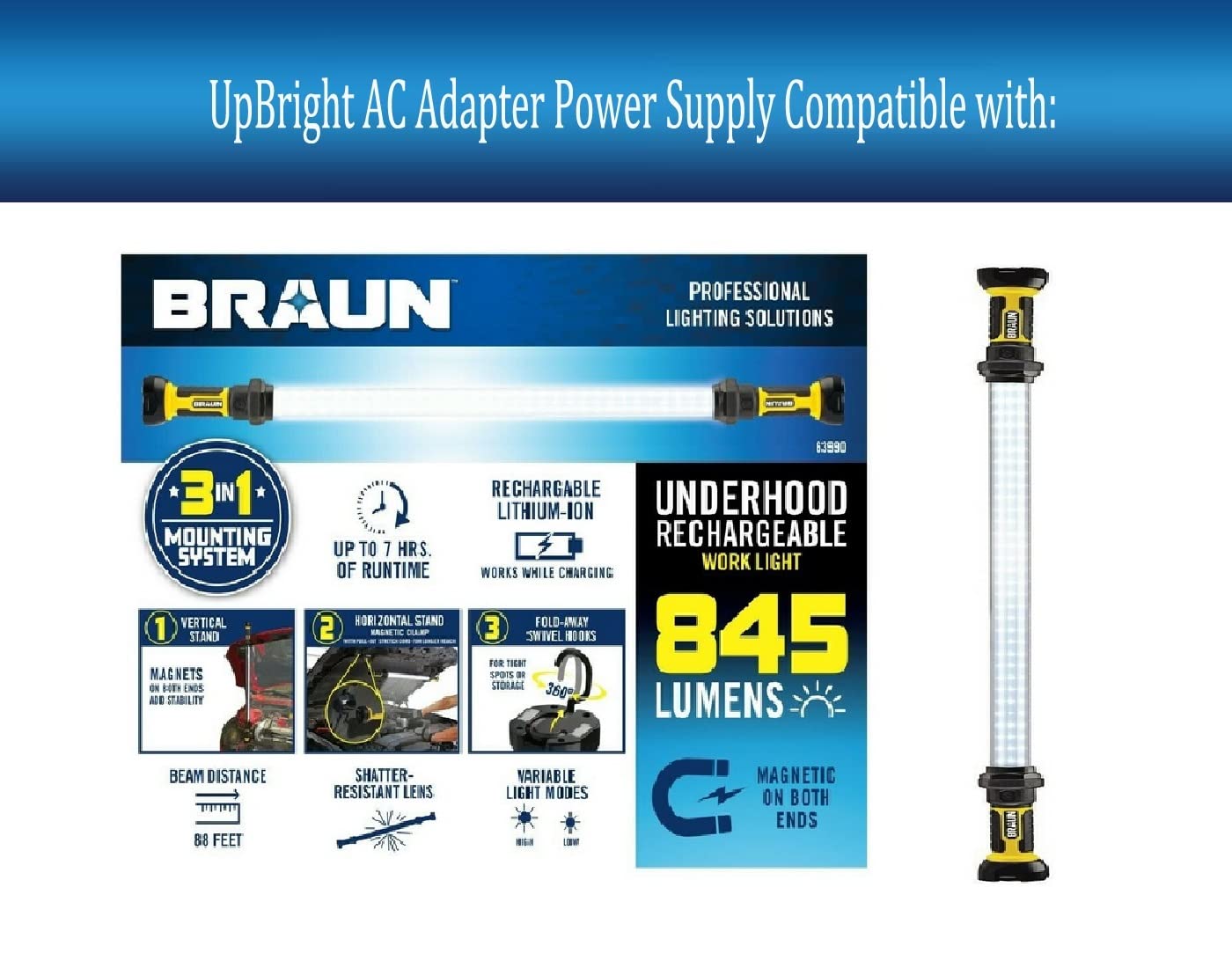 UpBright 6V AC/DC Adapter Compatible with Braun 63990 64797 Harbor Freight Tools 845 350 Lumen Worklight Rechargeable Lithium Li-Ion 3.7V 2000mAh Rugged Work Light 6VDC Power Supply Battery Charger