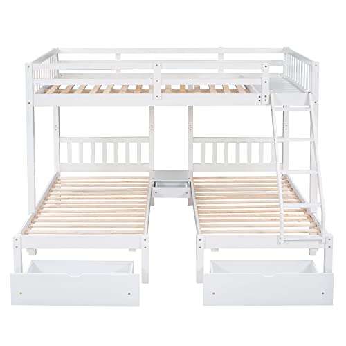 BIADNBZ Full Over Twin & Twin Triple Bunk Bed with Drawers and Guardrails, Solid Wood Bedframe for Kids Teens Adults Bedroom, White