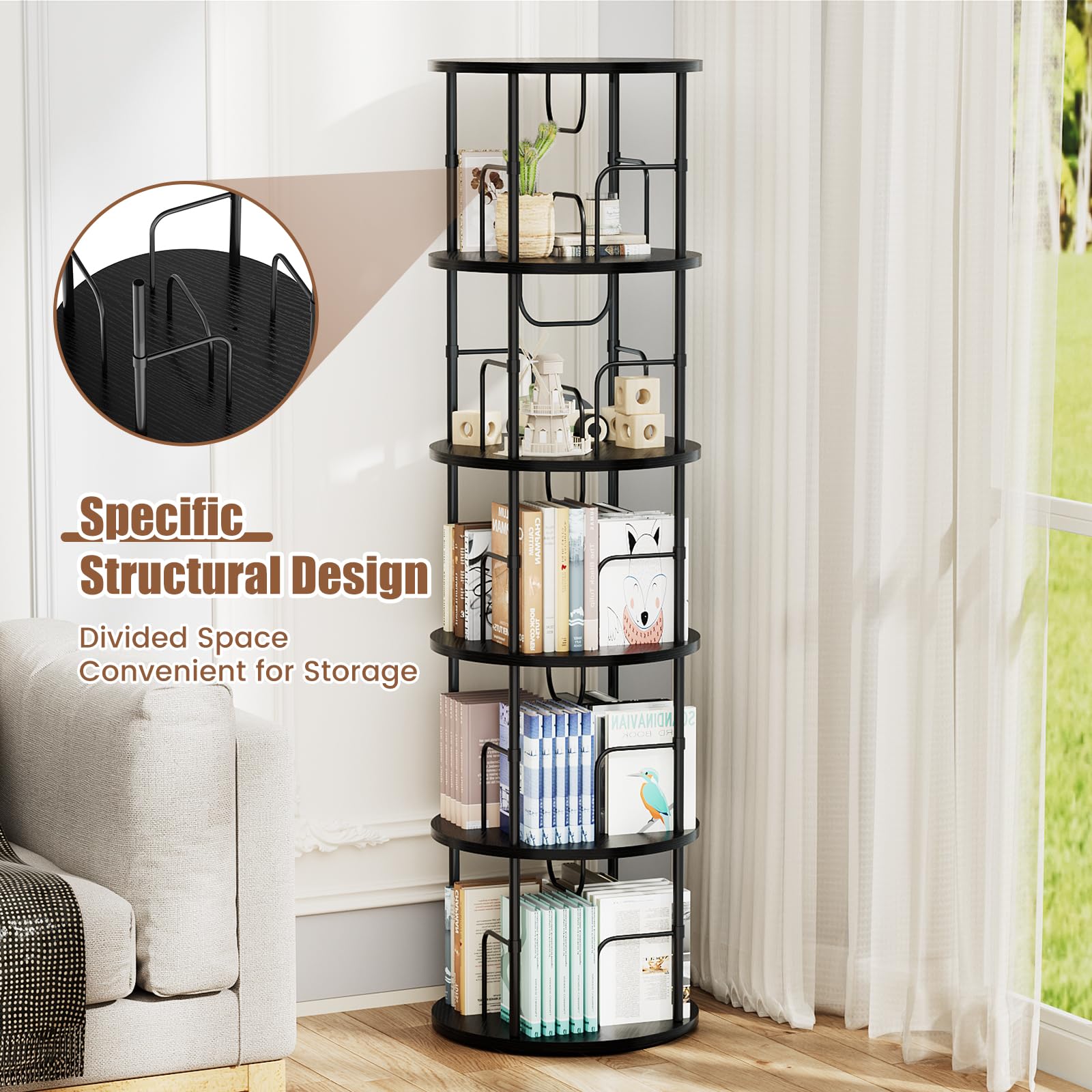 ALLSTAND 5 Tier Rotating Bookshelf, 360 ° Display Stackable Spinning Bookshelf Tower, Corner Bookshelf Tall Floor Standing Swivel Bookcase Narrow Storage Organizer for Bedroom, Living Room, Black