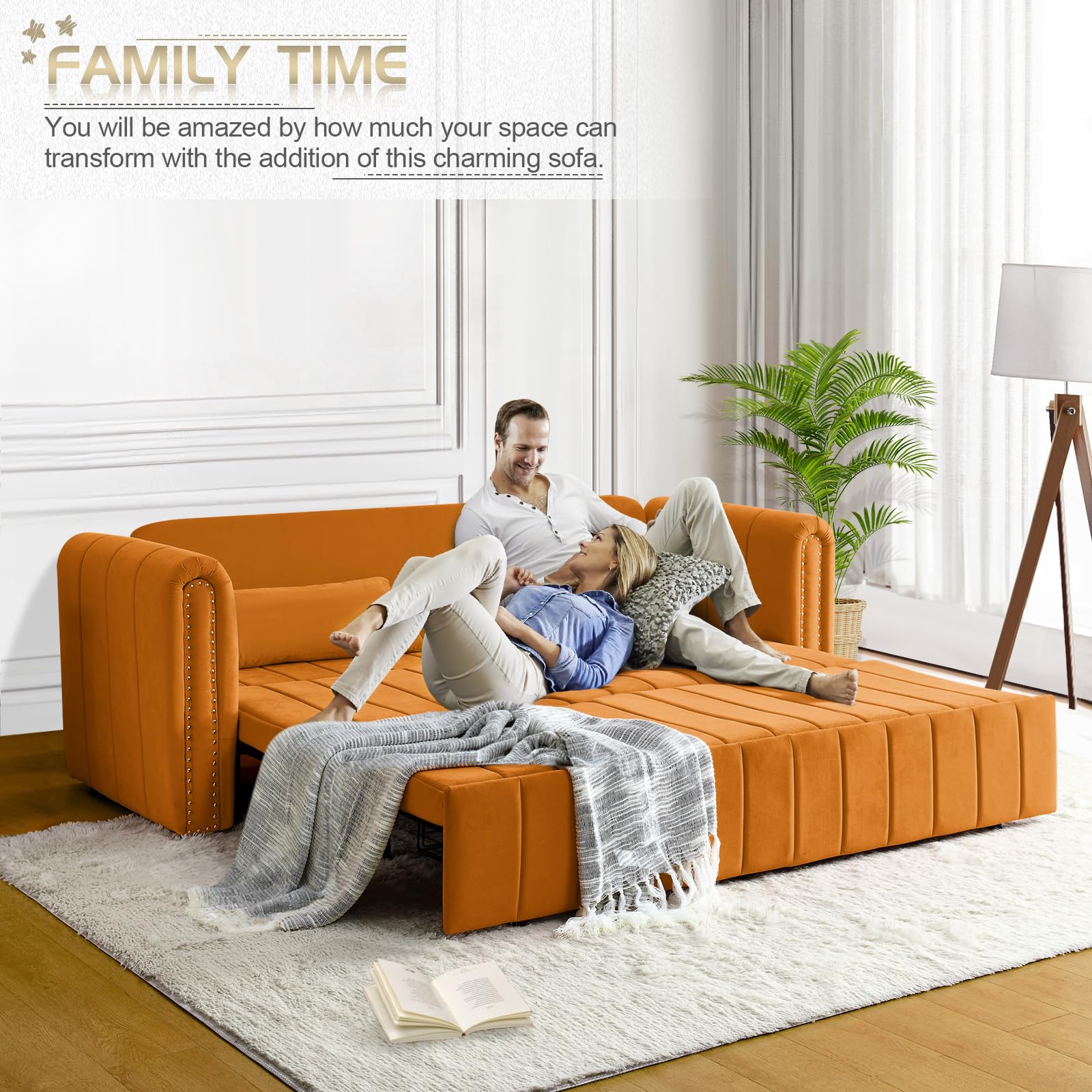 Antetek Oversized Sleeper Sofa w/Pullout Bed, 82-inch Modern Velvet Fabric Deep 3-Seat Couch with Metal Frame, 2 Toss Pillows, Comfy Upholstered Furniture for Living Room, Orange