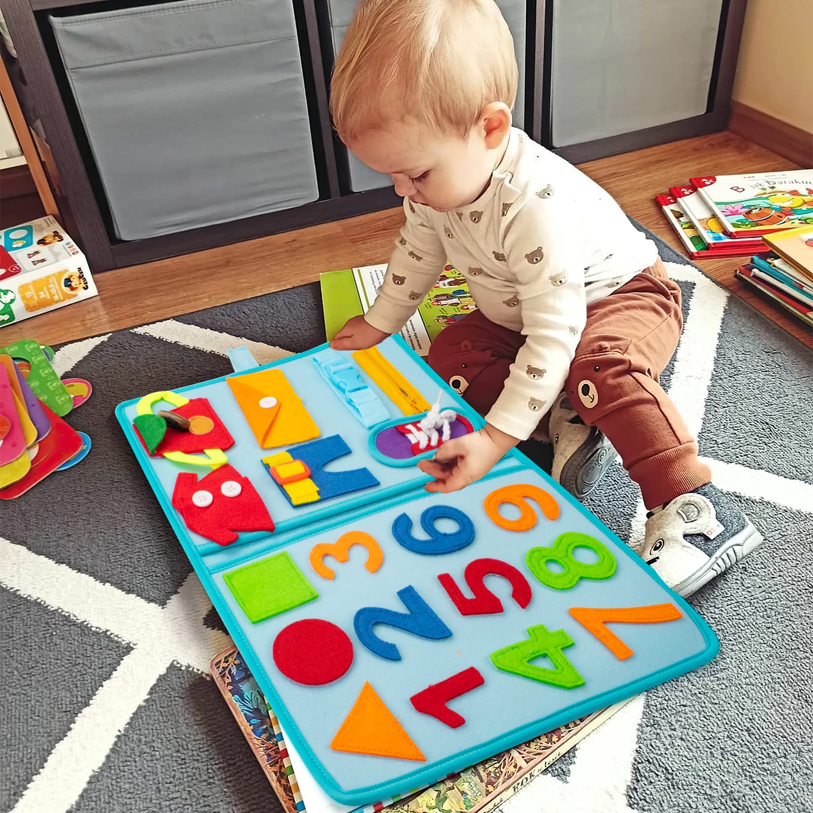 COVTOY Busy Board Montessori for 1-2 Year Old, Developing Fine Motor Skills and Basic Skills, 19-in-1 Educational Sensory Board for Toddler Toys Age 1-2, Birthday Gifts for Kids